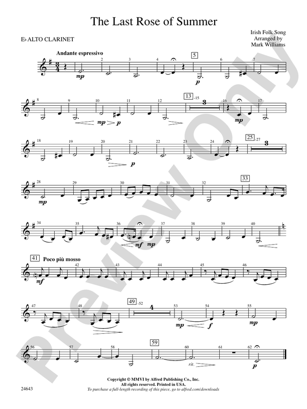 The Last Rose of Summer: E-flat Alto Clarinet: E-flat Alto Clarinet Part - Digital Sheet Music ...