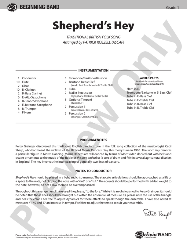 Shepherd's Hey: Score: Concert Band Score - Digital Sheet Music Download