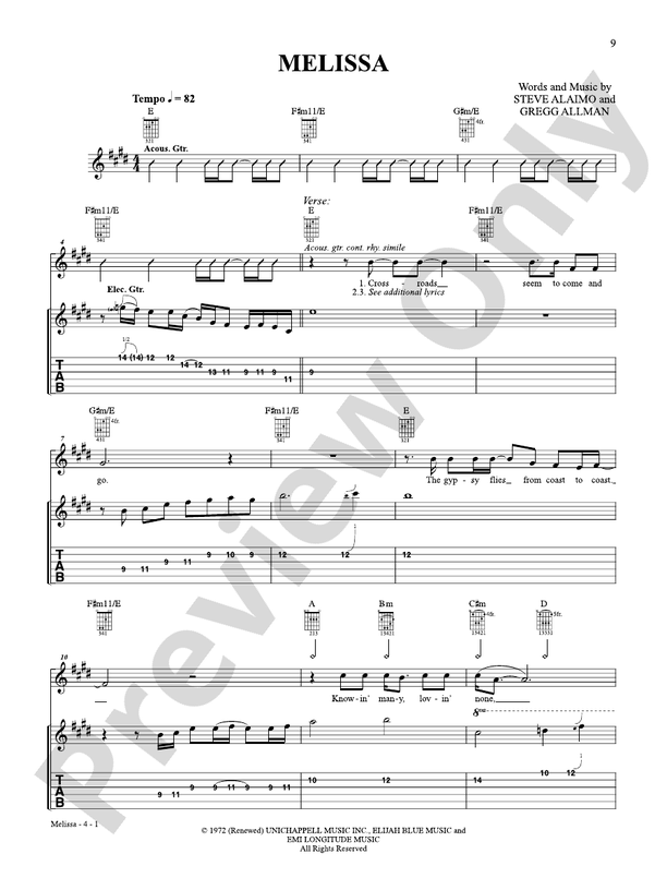 Melissa: Guitar: Allman Brothers - Digital Sheet Music Download