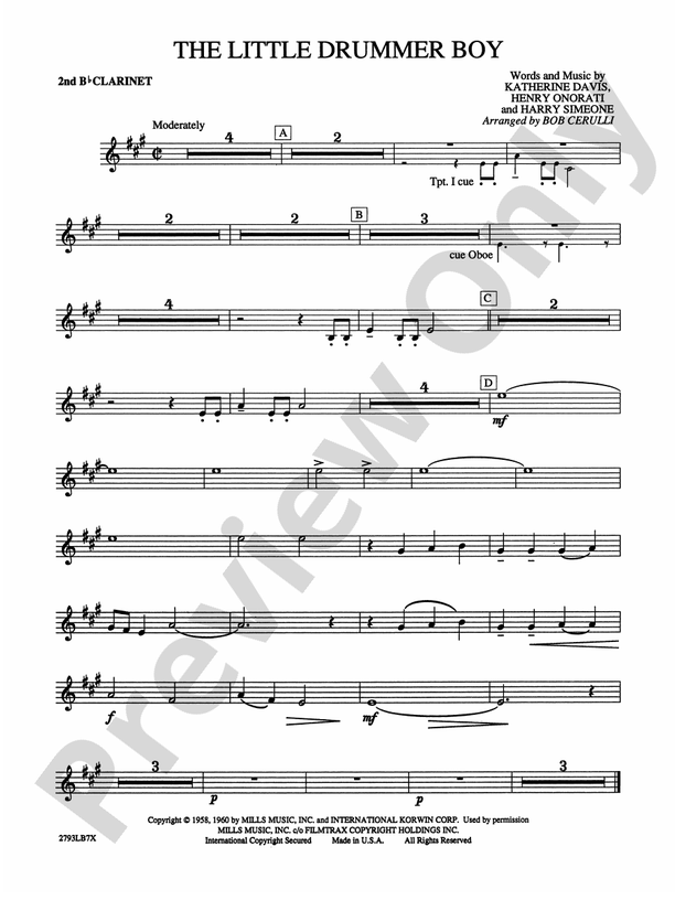 The Little Drummer Boy: 2nd B-flat Clarinet: 2nd B-flat Clarinet Part ...