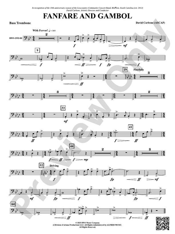 Fanfare And Gambol: Bass Trombone: Bass Trombone Part: David Carbone ...