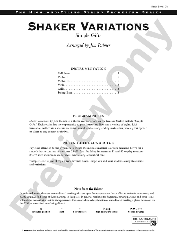 Shaker Variations: String Orchestra Conductor Score & Parts: Jim Palmer ...