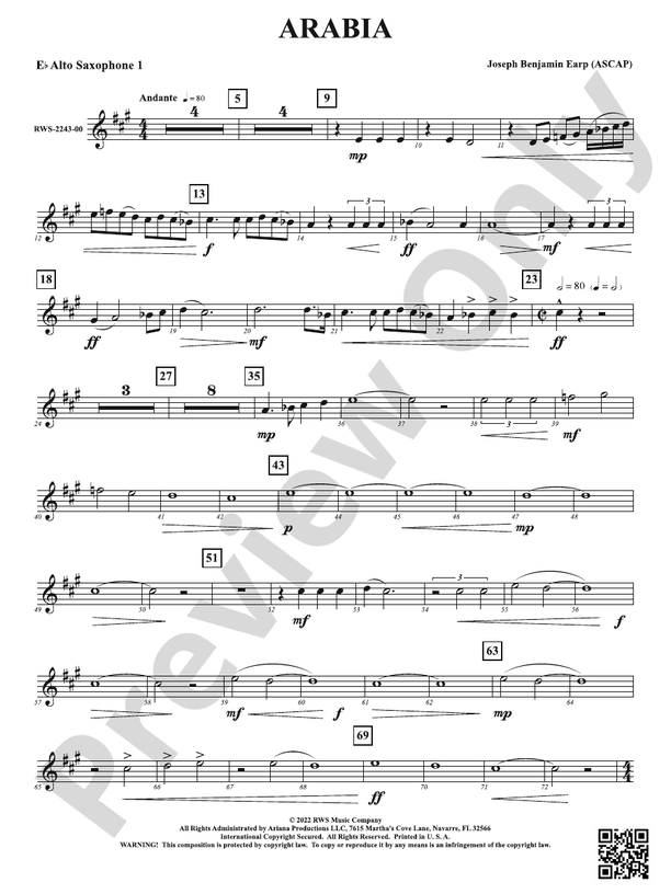 Arabia: 1st E-flat Alto Saxophone: 1st E-flat Alto Saxophone Part: Joseph Benjamin Earp ...