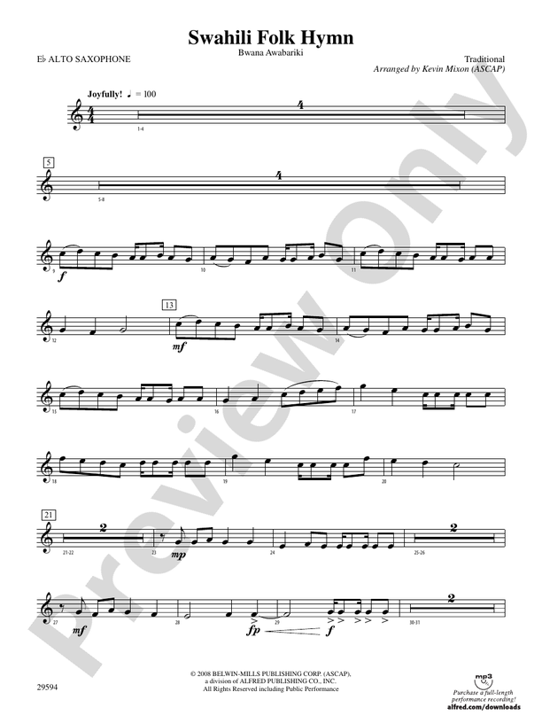 Swahili Folk Hymn (Bwana Awabariki): E-flat Alto Saxophone: E-flat Alto ...