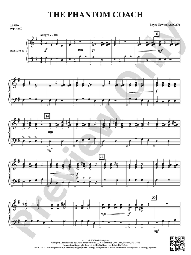 The Phantom Coach: Optional Piano: Optional Piano Part: Bryce Newton ...