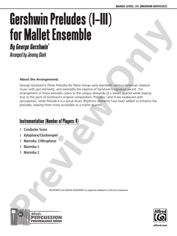 Gershwin Preludes (I-III) for Mallet Ensemble: Percussion Ensemble Conductor Score & Parts ...