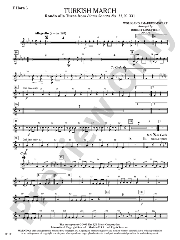 Turkish March (Rondo alla Turca): F Horn 3: F Horn 3 Part: Wolfgang ...