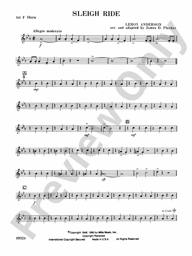 Sleigh Ride: 1st F Horn: 1st F Horn Part - Digital Sheet Music Download
