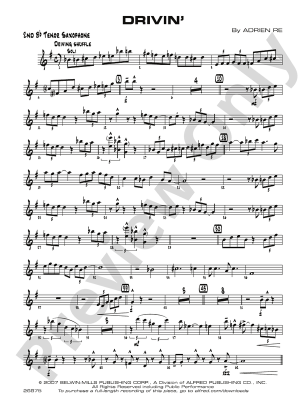 Drivin': 2nd B-flat Tenor Saxophone: 2nd B-flat Tenor Saxophone Part - Digital Sheet Music Download