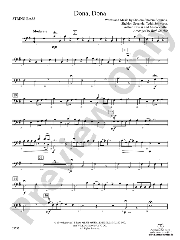Dona Dona: String Bass: String Bass Part - Digital Sheet Music Download