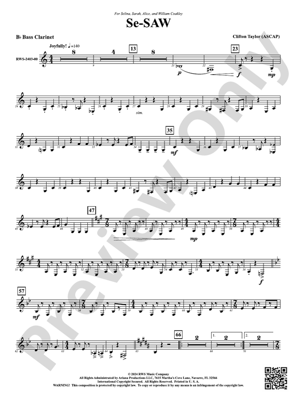 Se-SAW: Bass Clarinet: Bass Clarinet Part: Clifton Taylor - Digital ...