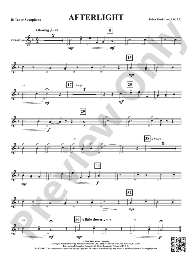 Afterlight: B-flat Tenor Saxophone: B-flat Tenor Saxophone Part: Brian Bankston - Digital Sheet ...