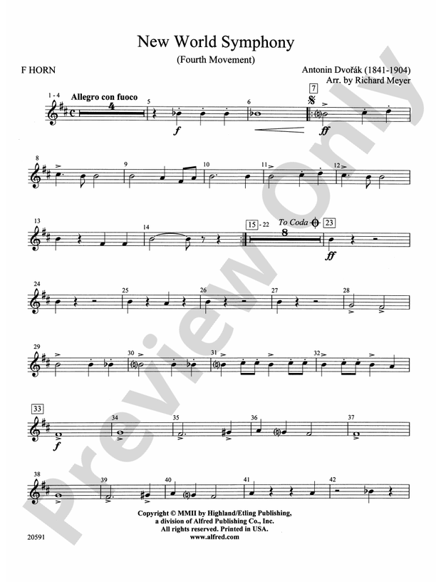 New World Symphony (Fourth Movement): 1st F Horn: 1st F Horn Part - Digital Sheet Music Download