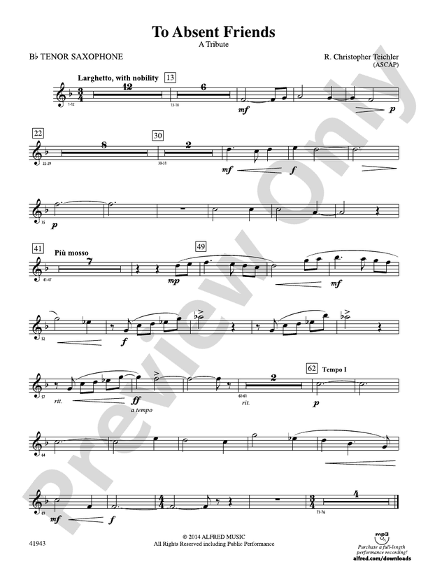 To Absent Friends: B-flat Tenor Saxophone: B-flat Tenor Saxophone Part - Digital Sheet Music ...