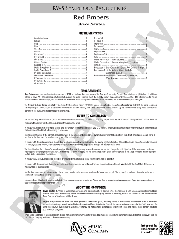 Red Embers: Score: Concert Band Score: Bryce Newton - Digital Sheet ...