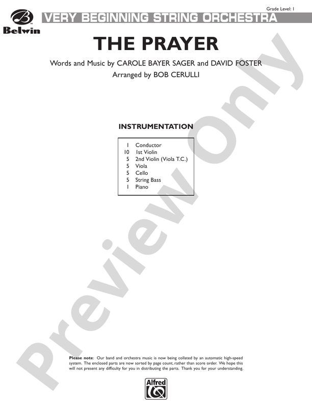 The Prayer: Score: String Orchestra Score - Digital Sheet Music Download