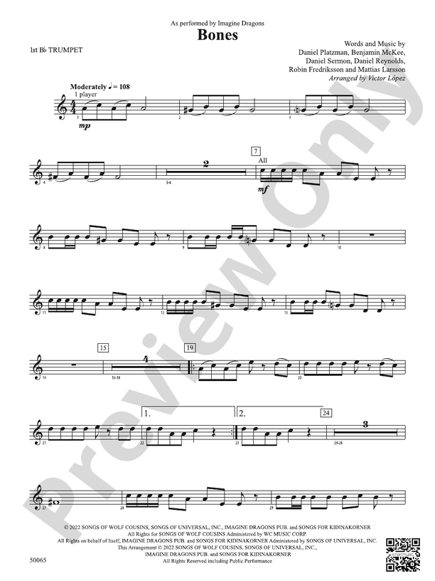 Bones: 1st B-flat Trumpet: 1st B-flat Trumpet Part - Digital Sheet Music Download