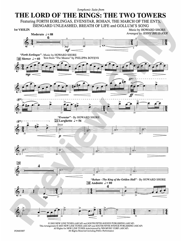 The Lord of the Rings: The Two Towers, Symphonic Suite from: 1st Violin ...