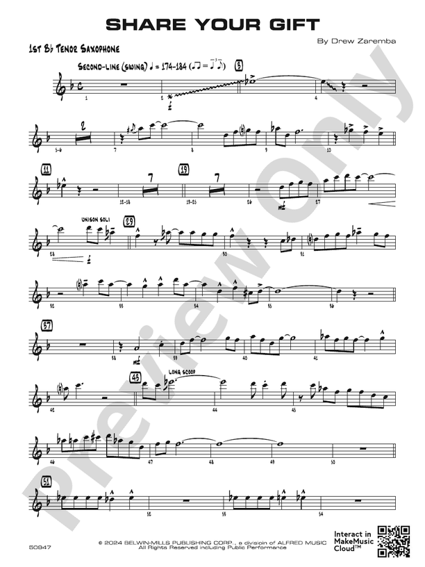 Share Your Gift: B-flat Tenor Saxophone: B-flat Tenor Saxophone Part - Digital Sheet Music Download