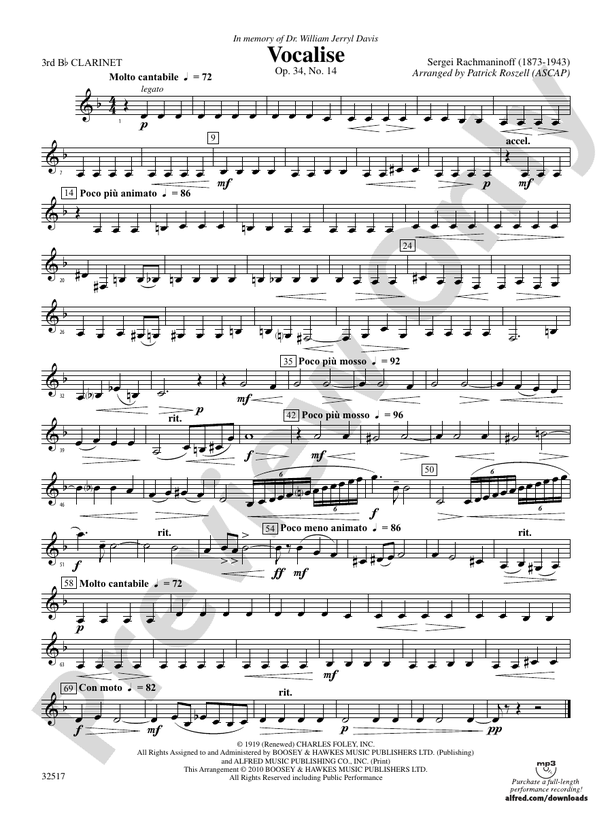 Vocalise, Op. 34, No. 14: 3rd B-flat Clarinet: 3rd B-flat Clarinet Part ...