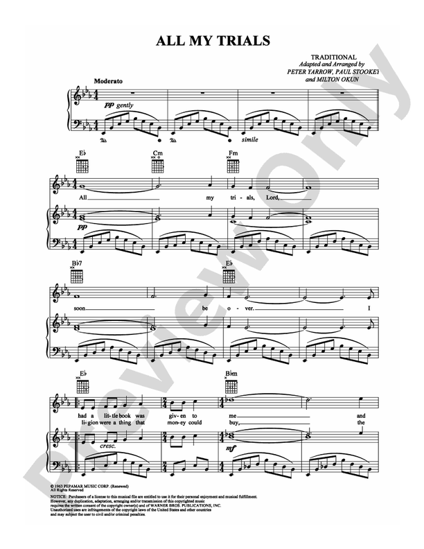 All My Trials: Piano/Vocal/Chords: Peter, Paul & Mary - Digital Sheet ...