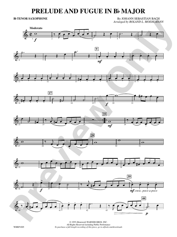 Prelude and Fugue in B-Flat Major: B-flat Tenor Saxophone: B-flat Tenor Saxophone Part - Digital ...