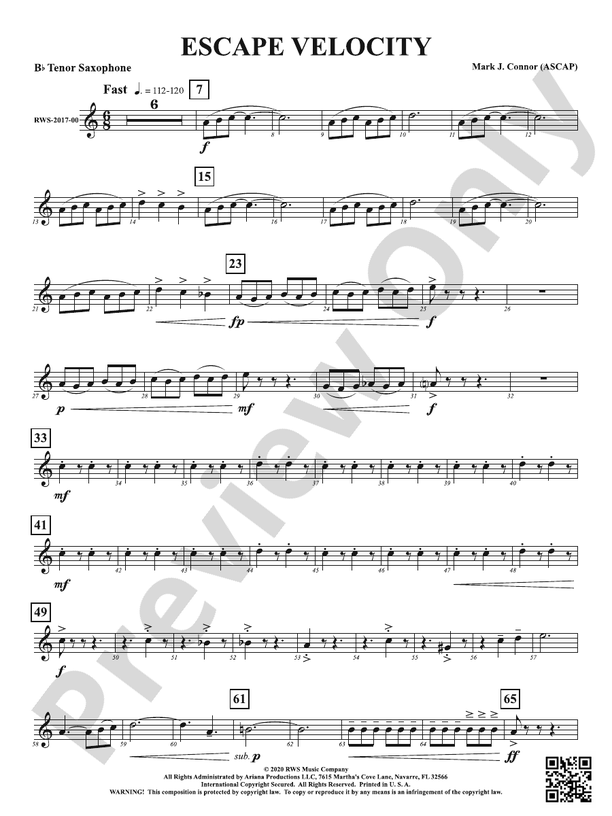 Escape Velocity: B-flat Tenor Saxophone: B-flat Tenor Saxophone Part: Mark J. Connor - Digital ...