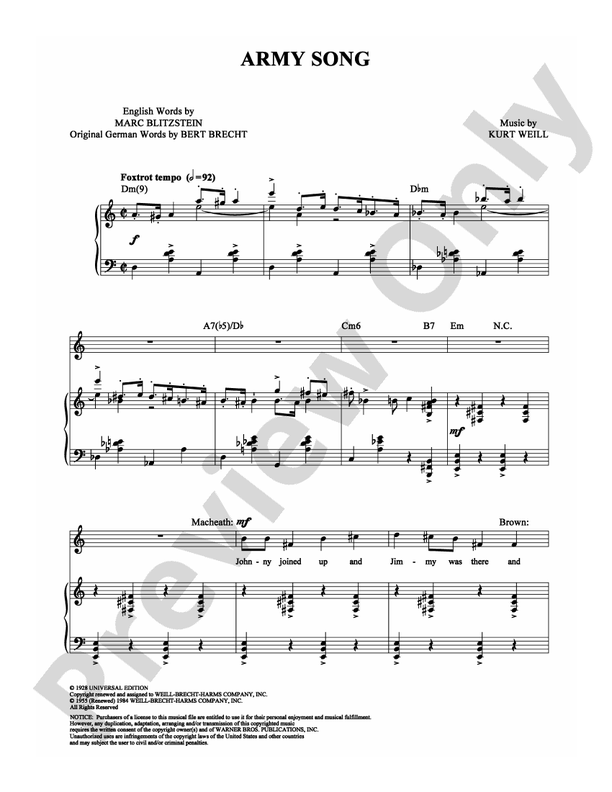 Army Song: Piano/Vocal/Chords: Kurt Weill - Digital Sheet Music Download