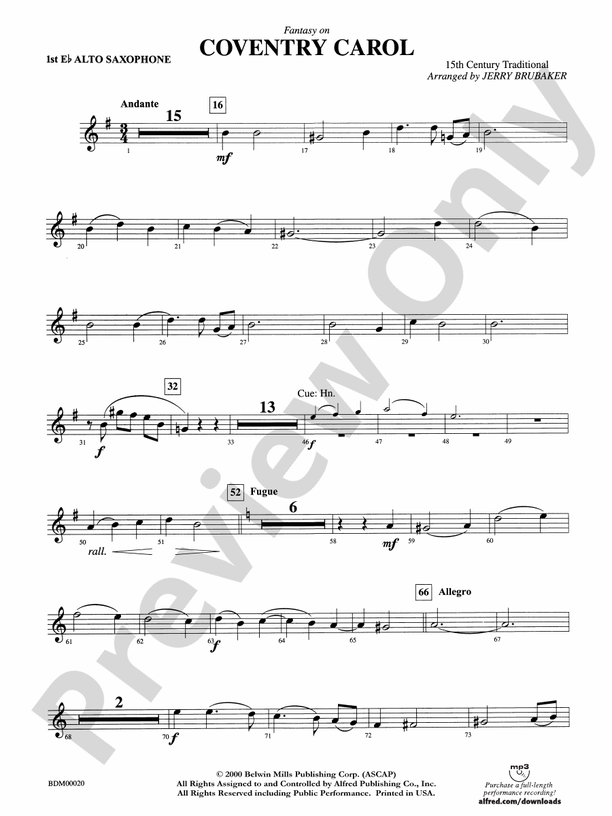Coventry Carol: E-flat Alto Saxophone: E-flat Alto Saxophone Part - Digital Sheet Music Download