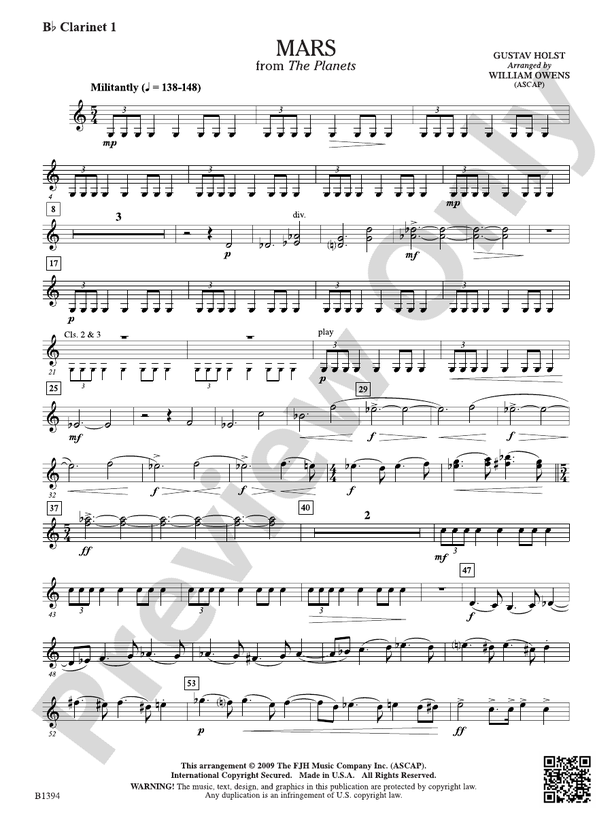 Mars from The Planets: B-flat Clarinet 1: B-flat Clarinet 1 Part ...