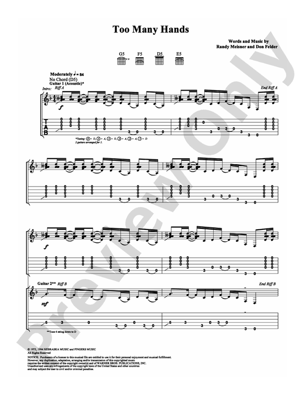 Too Many Hands: Guitar TAB: Eagles - Digital Sheet Music Download