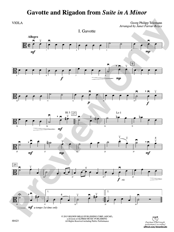 "Gavotte" and "Rigadon" from Suite in A Minor: Viola: Viola Part - Digital Sheet Music Download