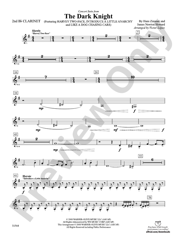 The Dark Knight, Concert Suite from: 2nd B-flat Clarinet: 2nd B-flat ...