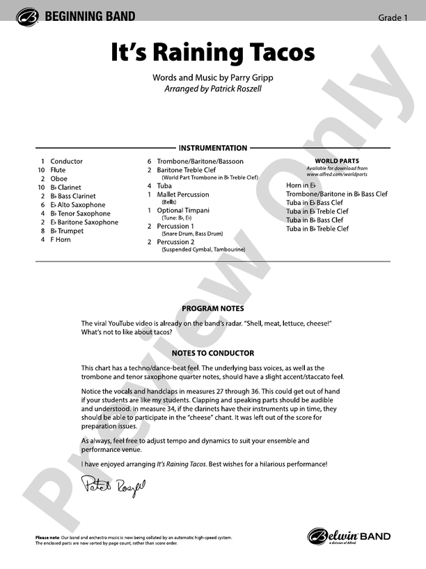 It's Raining Tacos: Score: Concert Band Score - Digital Sheet Music ...