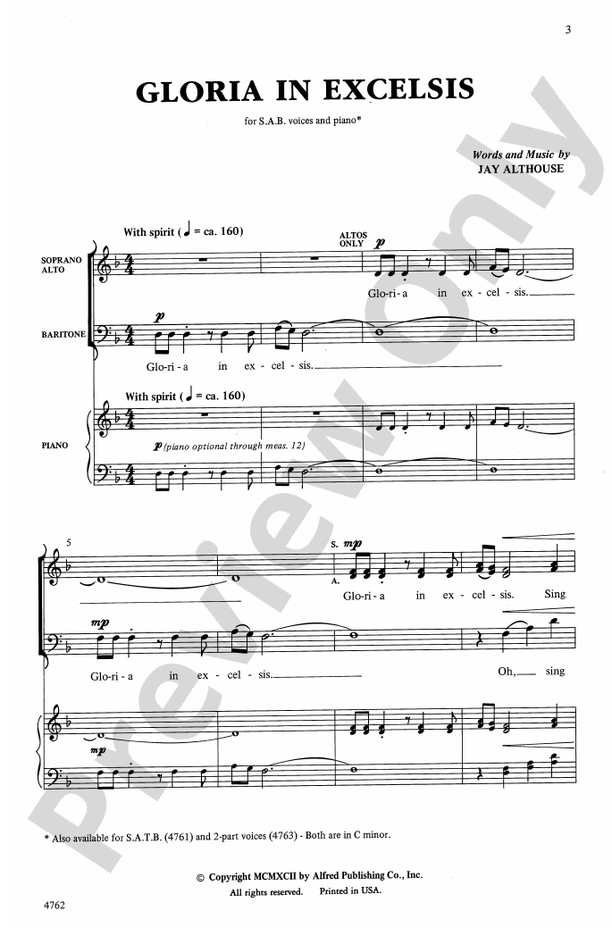 Gloria In Excelsis: SAB Choral Octavo: Jay Althouse - Digital Sheet ...