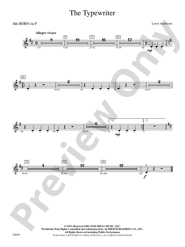 The Typewriter: 4th F Horn: 4th F Horn Part - Digital Sheet Music Download