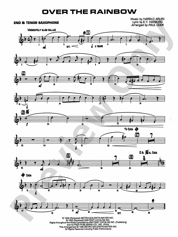 Over the Rainbow: 2nd B-flat Tenor Saxophone: 2nd B-flat Tenor Saxophone Part - Digital Sheet ...