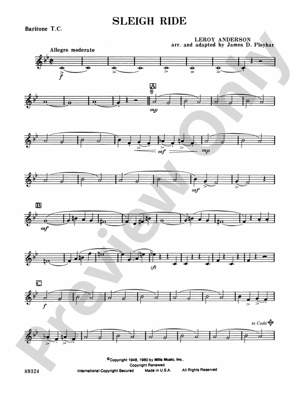 Sleigh Ride: Baritone T.C.: Baritone T.C. Part - Digital Sheet Music ...