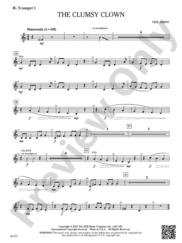 The Clumsy Clown: B-flat Trumpet 1: B-flat Trumpet 1 Part: Neil Simon ...