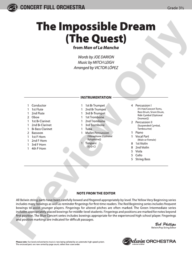 The Impossible Dream (from Man of La Mancha): Score: Full Orchestra Score - Digital Sheet Music ...