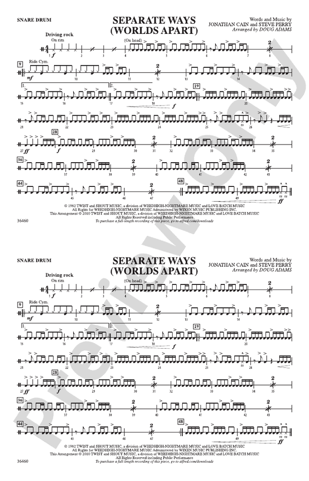 Separate Ways (Worlds Apart): Snare Drum: Snare Drum Part - Digital ...
