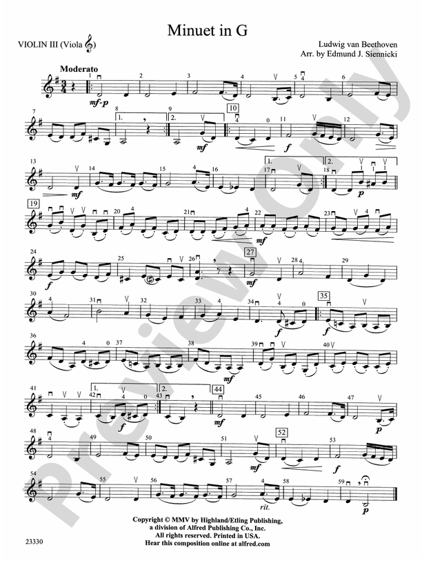 Minuet in G: 3rd Violin (Viola [TC]): 3rd Violin (Viola [TC]) Part ...