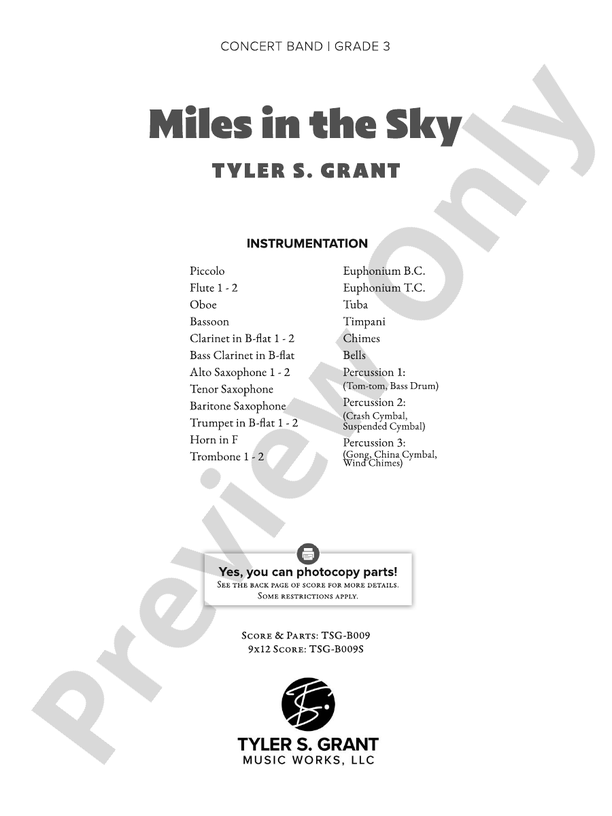 Miles in the Sky: Concert Band Conductor Score & Parts: Tyler S. Grant - Digital Sheet Music ...