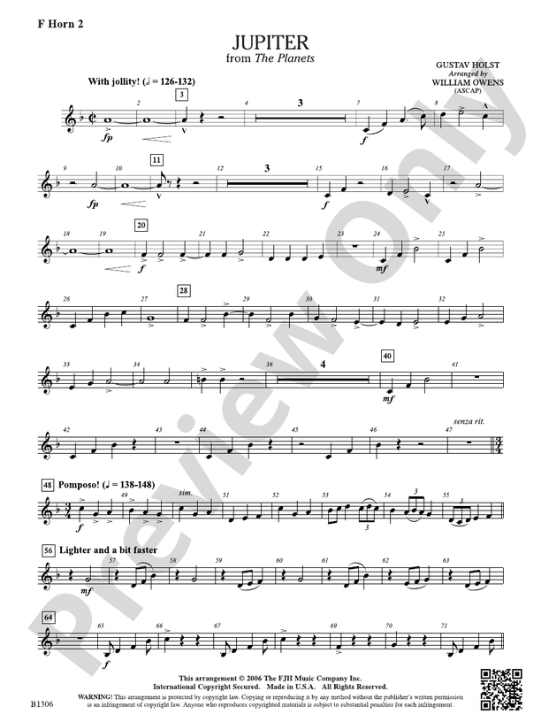 Jupiter (from The Planets): F Horn 2: F Horn 2 Part: Gustav Holst ...