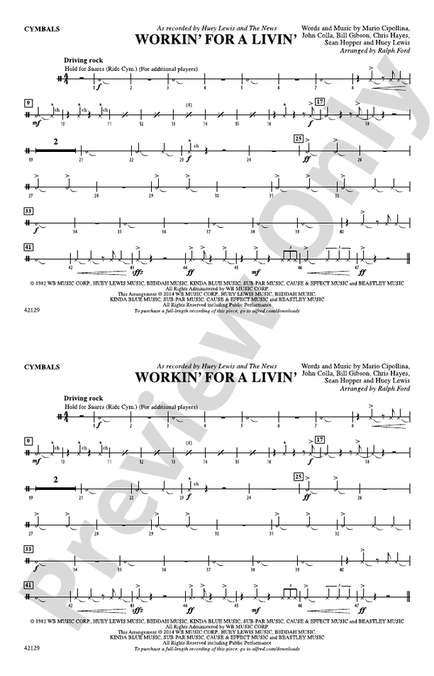 Workin' for a Livin': Cymbals: Cymbals Part - Digital Sheet Music Download