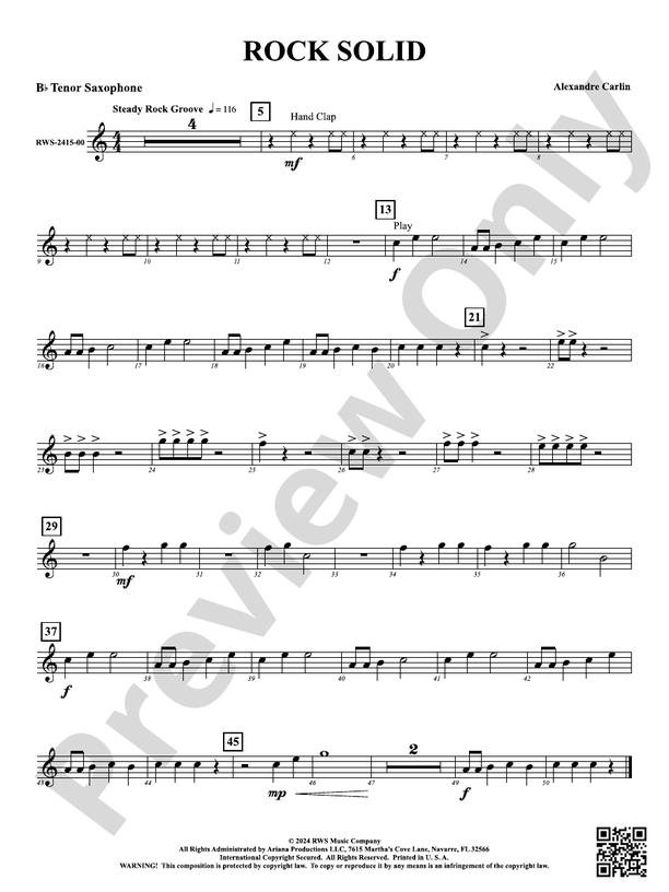Rock Solid: B-flat Tenor Saxophone: B-flat Tenor Saxophone Part: Alexandre Carlin - Digital ...