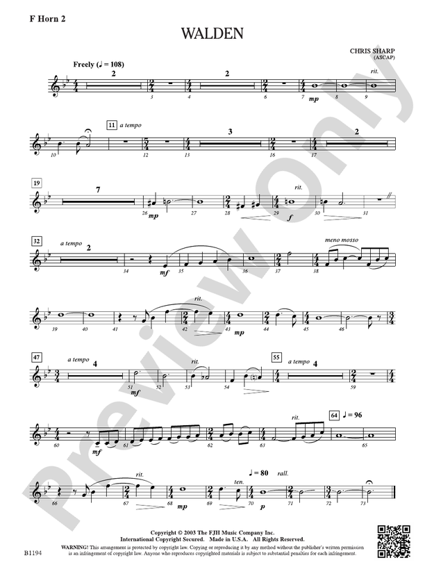 Walden: F Horn 2: F Horn 2 Part: Chris Sharp - Digital Sheet Music Download