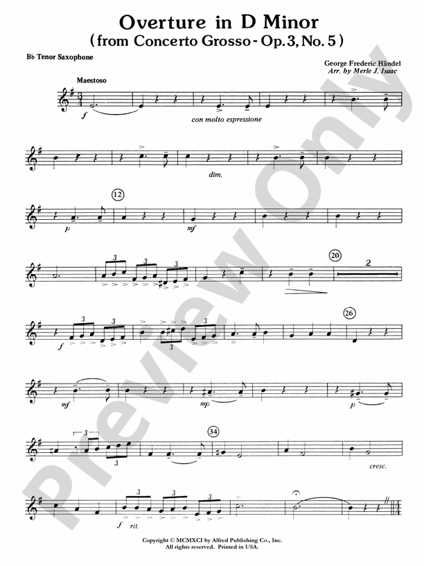 Overture in D minor (Concerto Grosso): B-flat Tenor Saxophone: B-flat Tenor Saxophone Part ...