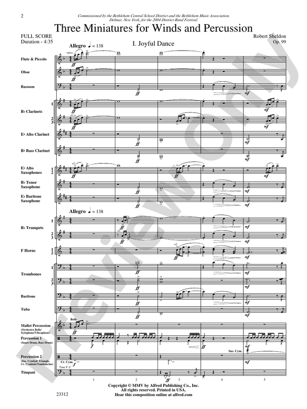 Three Miniatures for Winds and Percussion: Concert Band Conductor Score & Parts: Robert Sheldon ...