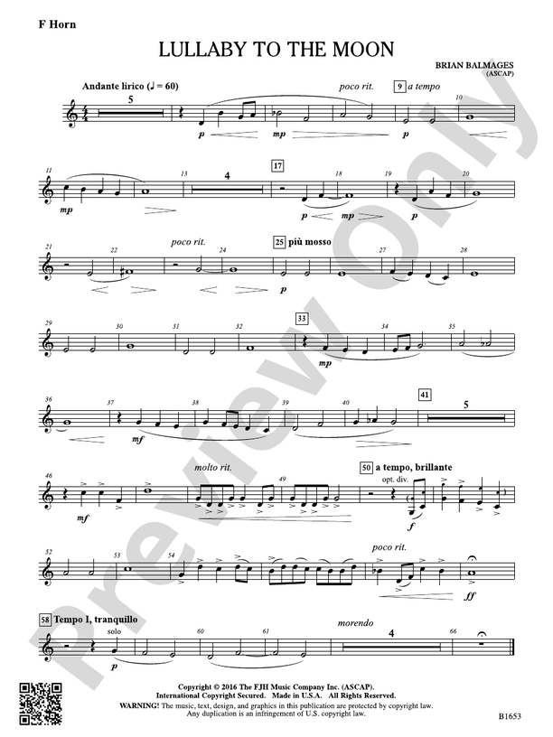 Lullaby to the Moon: F Horn: F Horn Part: Brian Balmages - Digital ...